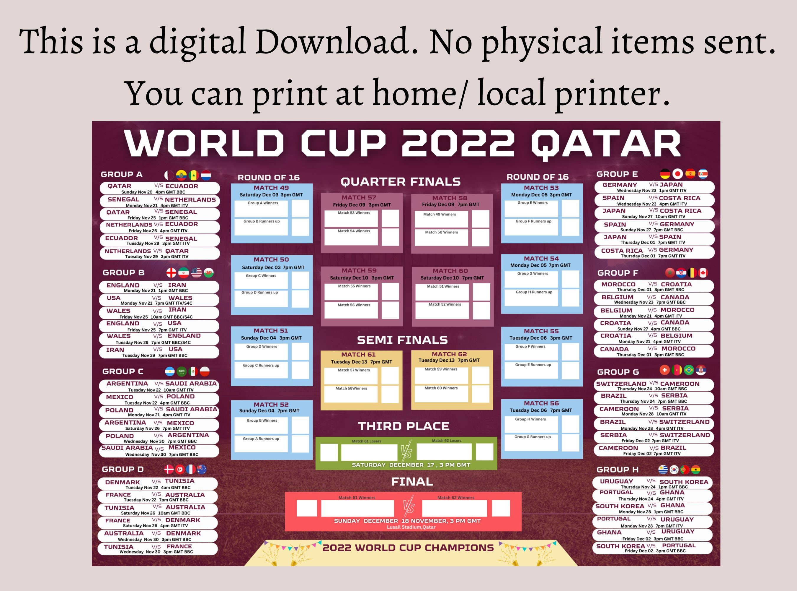 Qatar 2022 Football World Cup Wall Chart Printable Soccer - Etsy Singapore