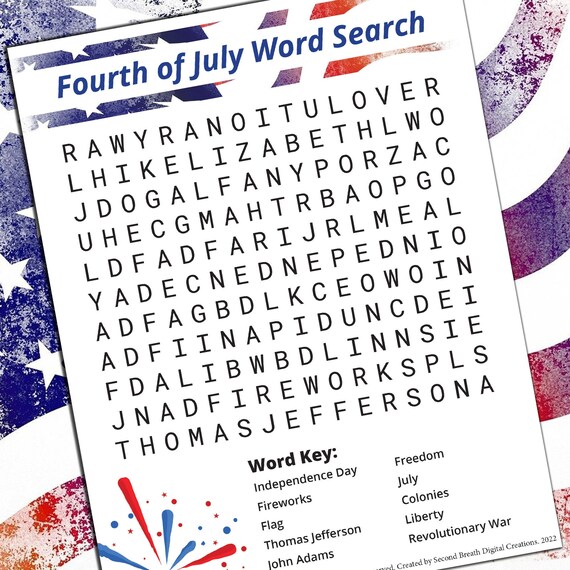 Fourth of July Patriotic Word Search Kids Activity Sheet - Etsy