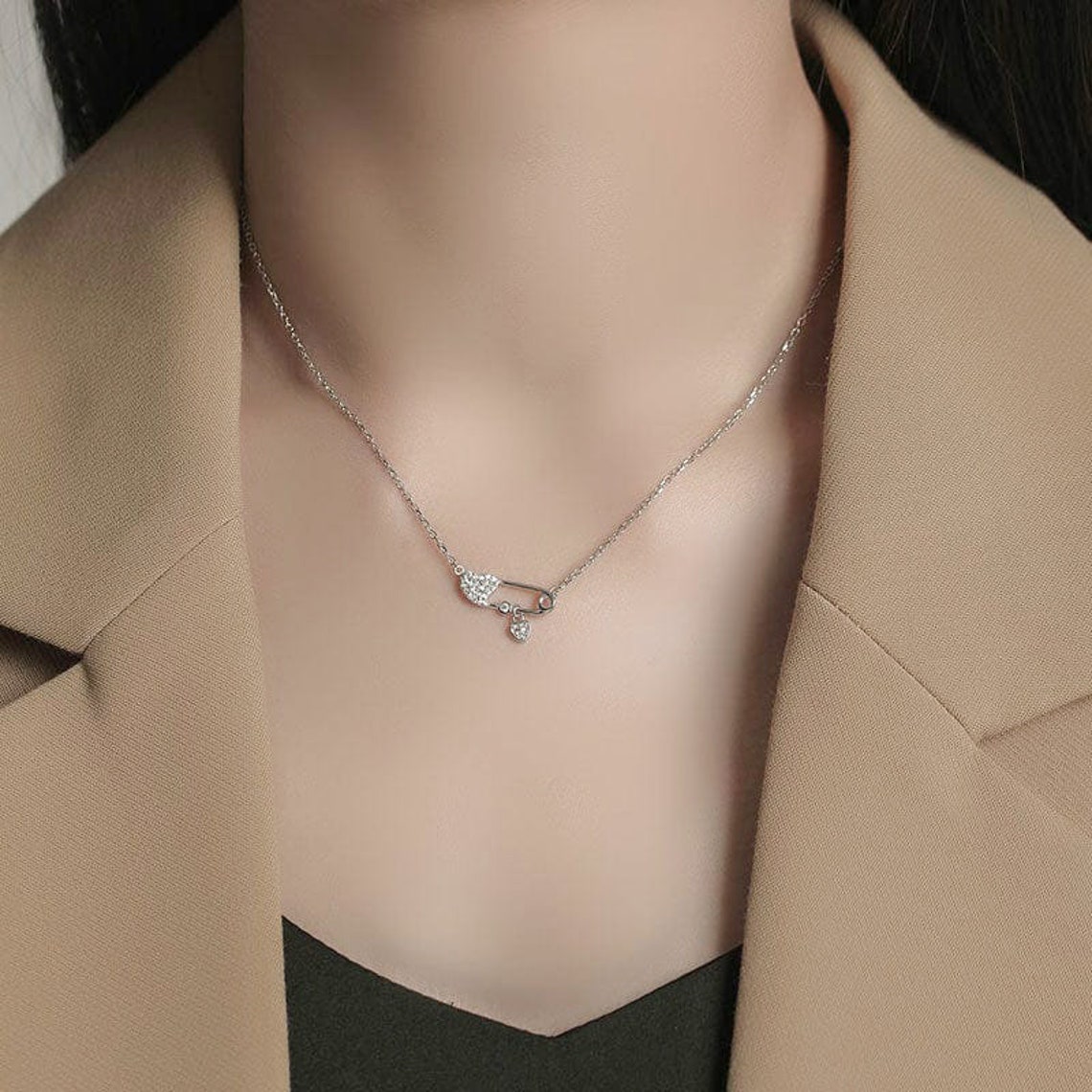 Safety Pin Necklace, Cute Moveable Heart Necklace, Fun Dainty Slide ...