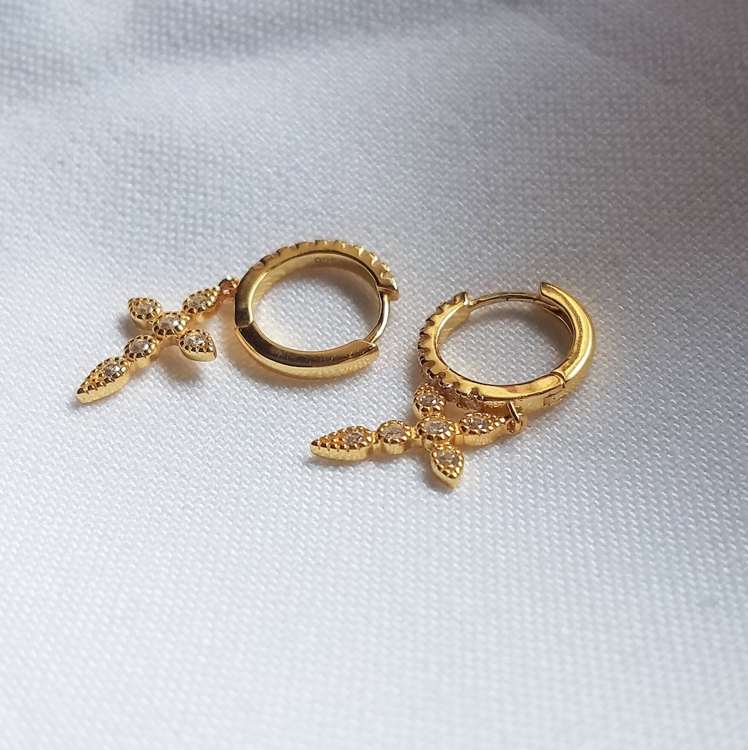 Cross Pendant Earring, Huggie Hoop Cross Earring, Art Deco Cross ...