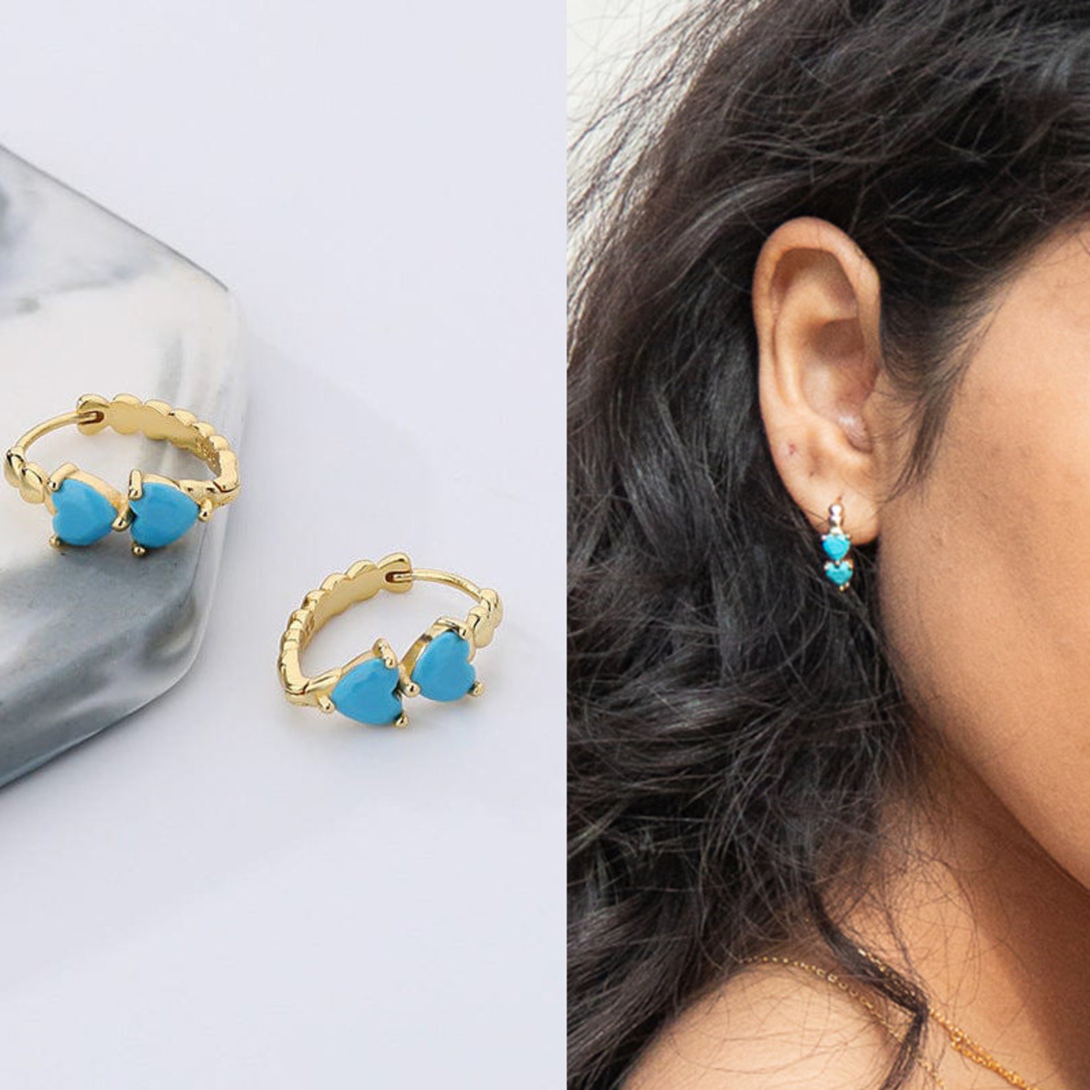 Turquoise Huggie Heart Earrings, Cute Heart Huggie Earring, Dainty ...