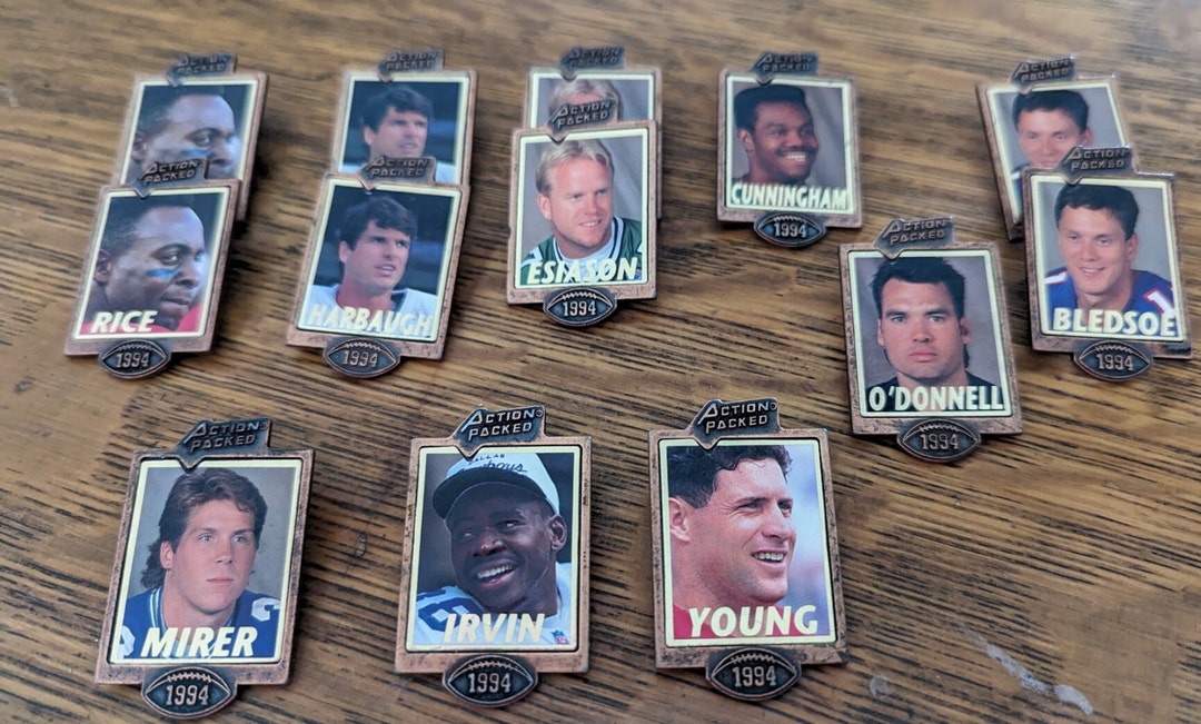 Vintage Action Packed NFL Label Pins, 13 Pieces. Features Well Know ...