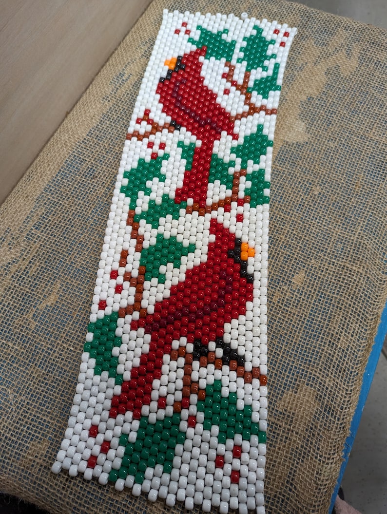 Vintage Hand Beaded Tapestry of Two Cardinals and Holly Leaves. Hand or ...