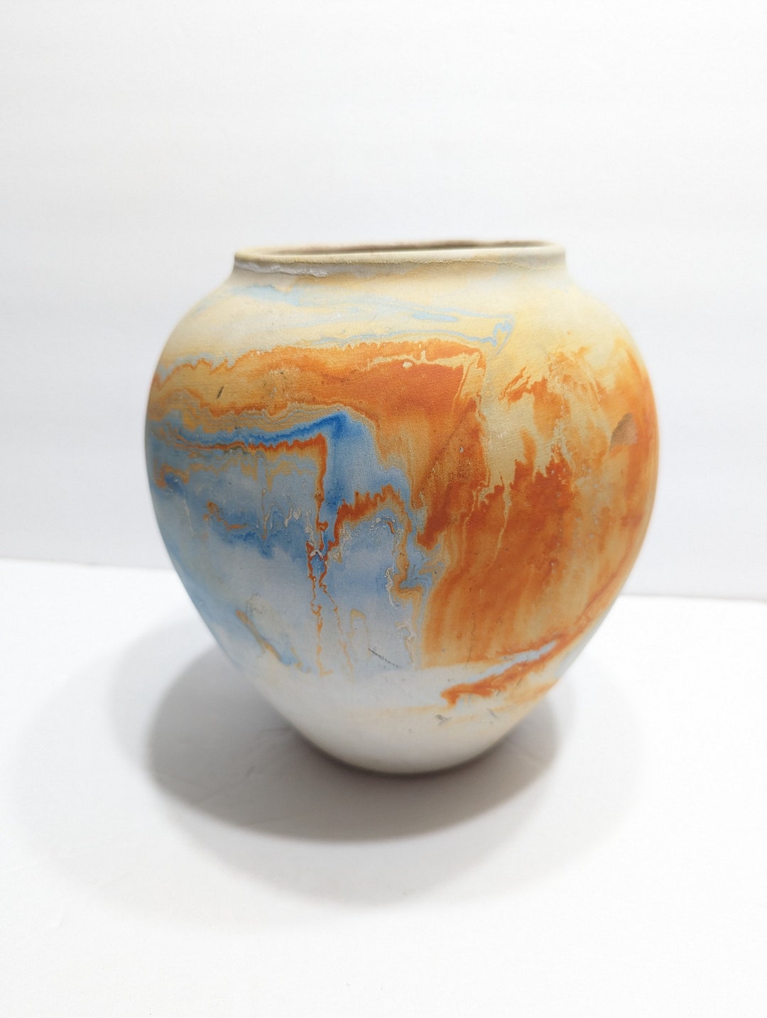 Nemadji Pottery 8" Vase in Orange and Blue Swirl, Glazed Inside, Clay ...