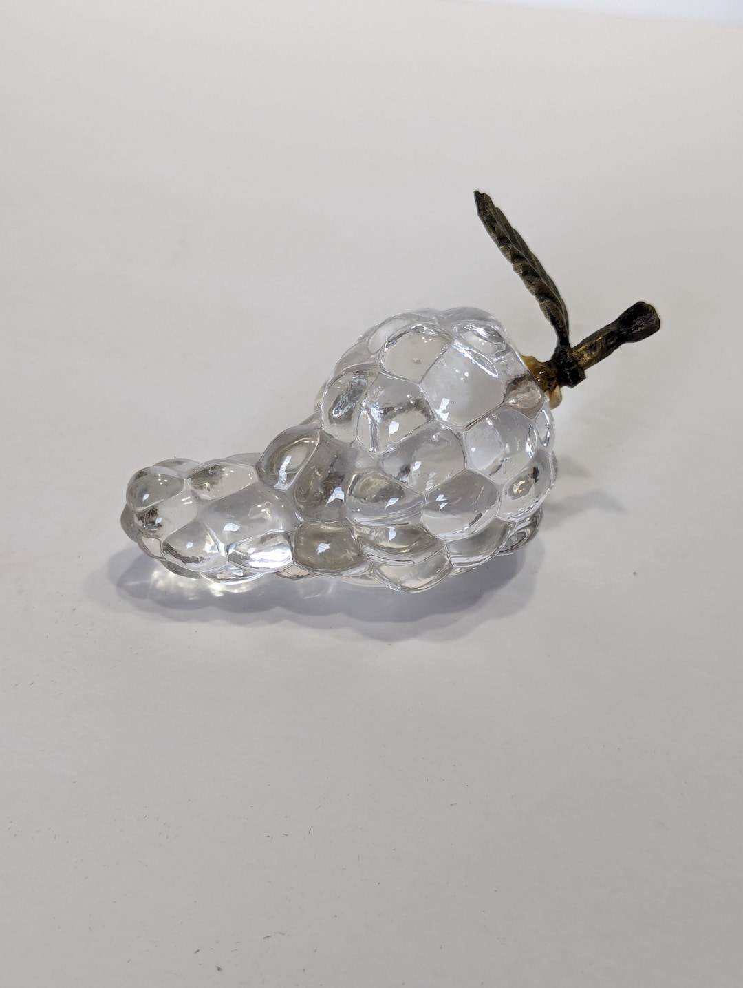 Vintage Clear Glass Grape Cluster With Brass Leaf, Wear Some Epoxy Glue is Visible. Can Be Used ...