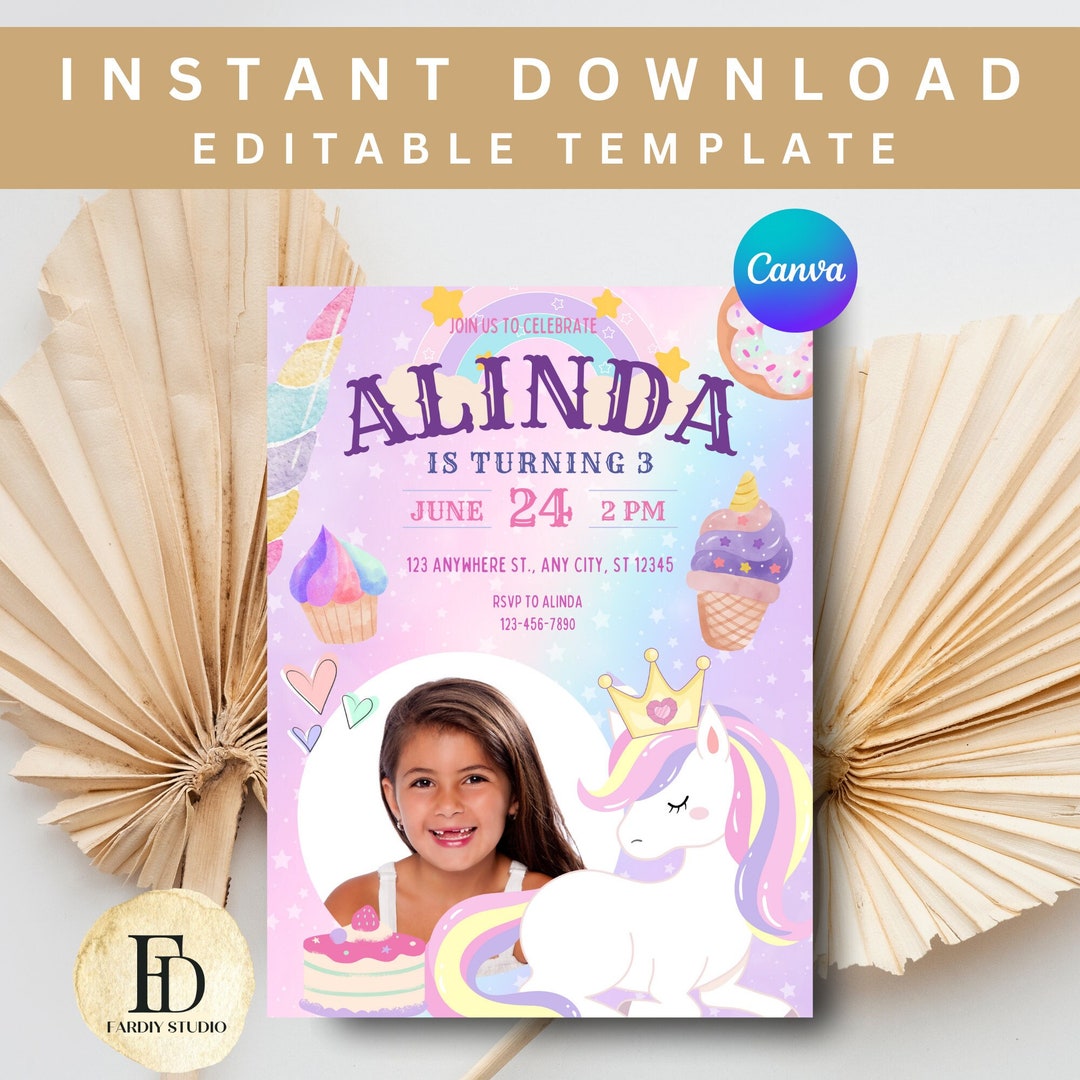 Editable Unicorn Girl Party Invitation Girl Birthday Invite Magical ...