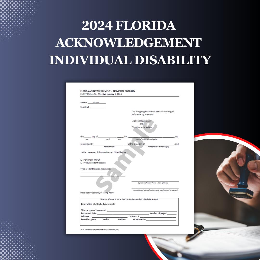 2024 Florida Acknowledgement Individual Disability Notary Certificates ...