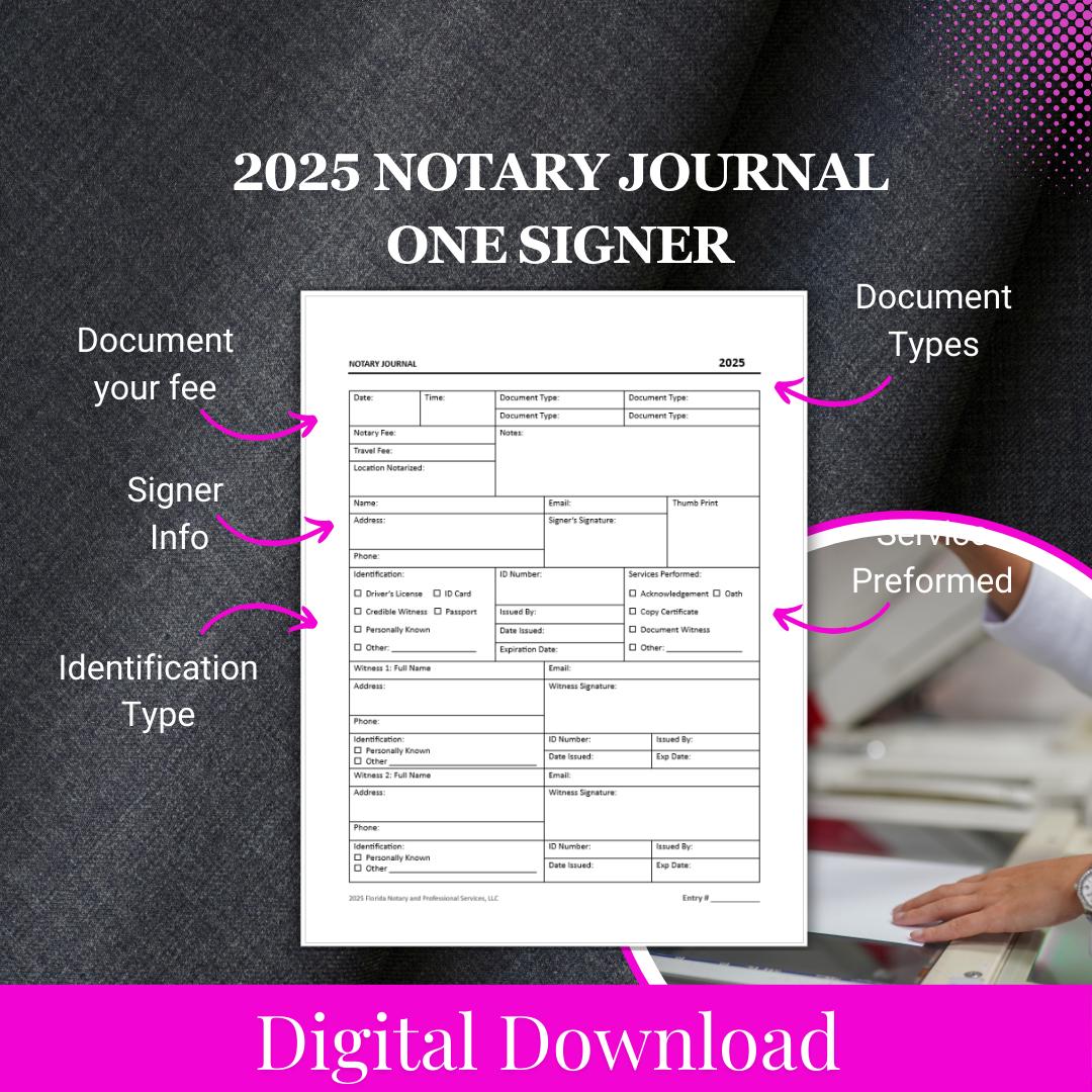 2025 Notary Journal Printable, Looseleaf Notary Journal, General Notary ...