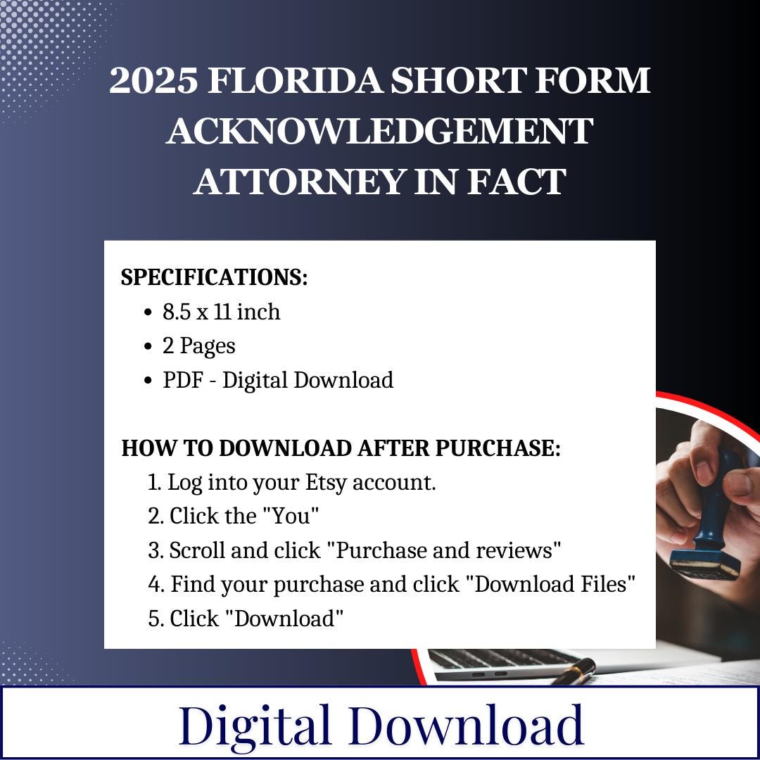 2025 Florida Short Form Acknowledgement - Attorney in Fact, Notary ...