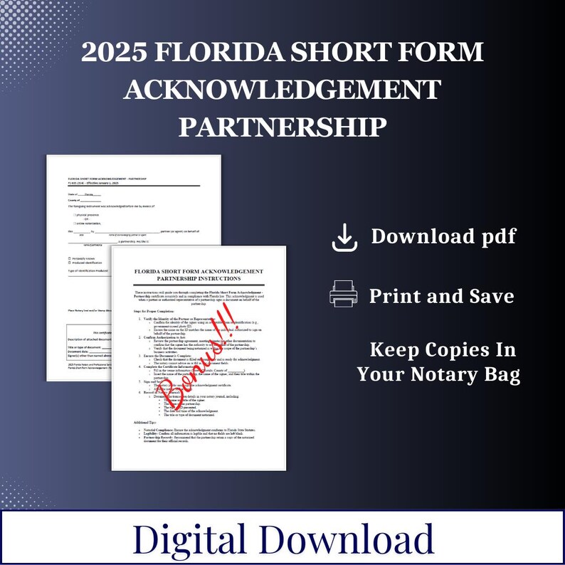 2025 Florida Short Form Acknowledgement - Partnership, Notary ...