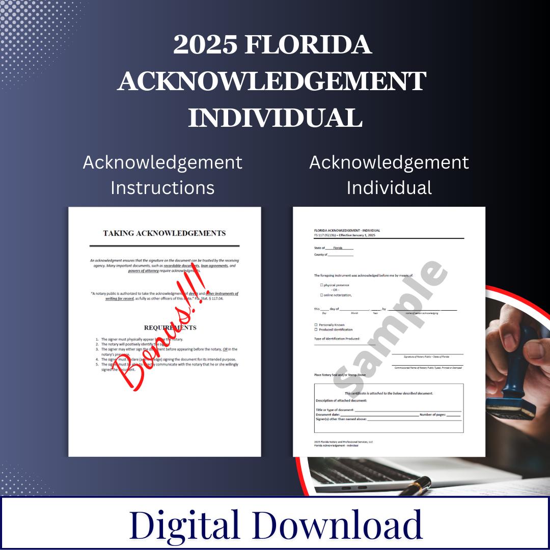 2025 Florida Acknowledgement - Individual Notary Certificates, Notary ...