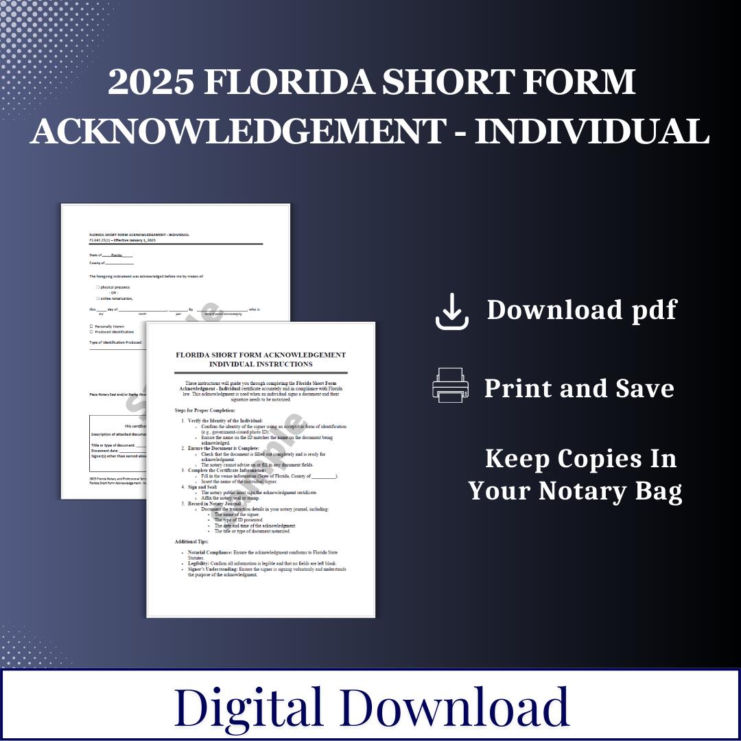 2025 Florida Short Form Acknowledgement - Individual, Notary ...