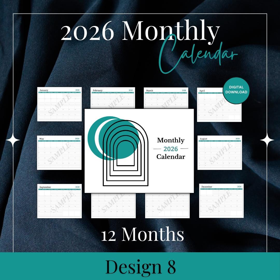 2026 Printable Monthly Calendar, Teal Design, PDF Planner, Business ...