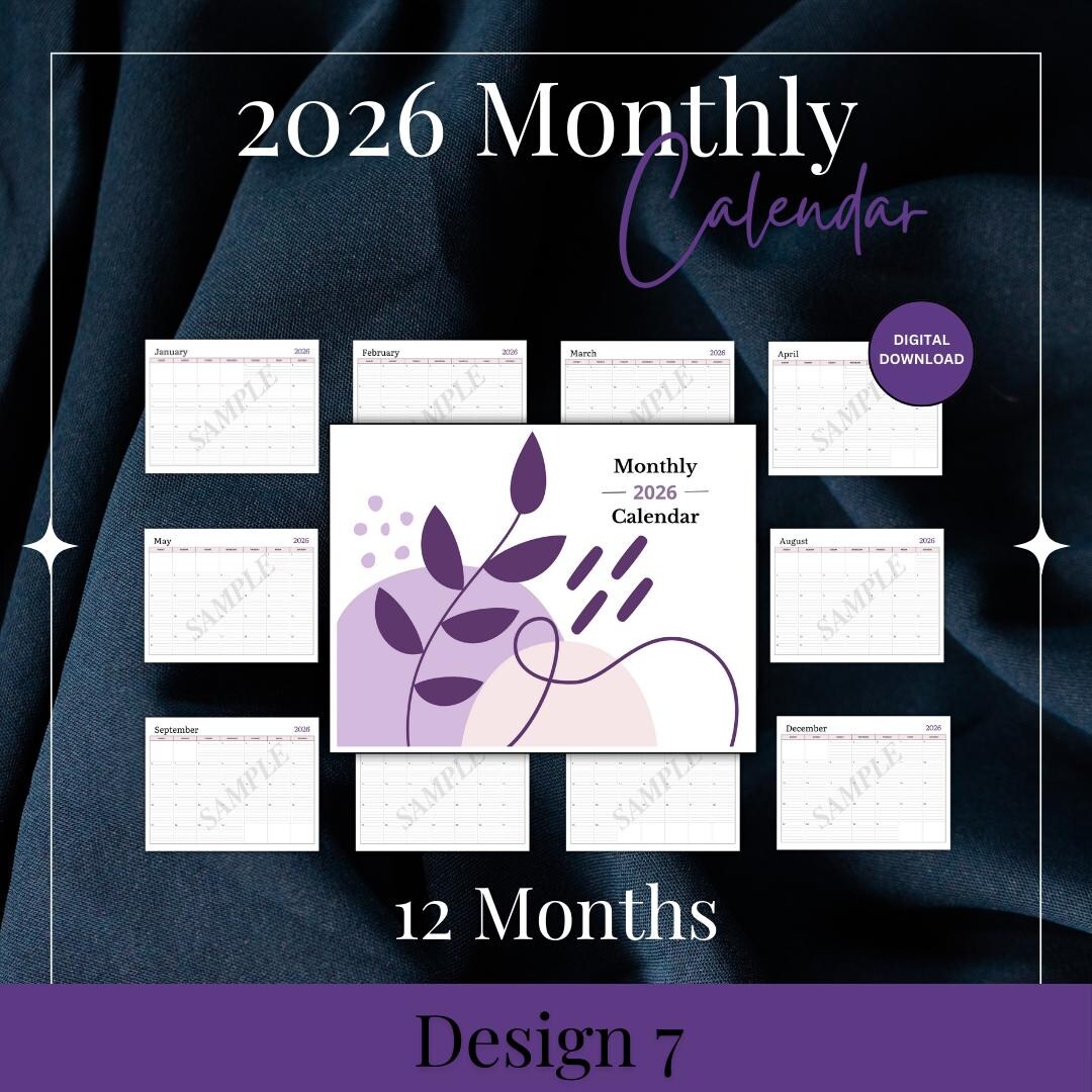 2026 Printable Monthly Calendar, Purple Design, PDF Planner, Student ...