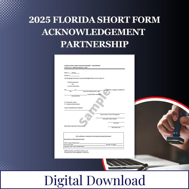 2025 Florida Short Form Acknowledgement - Partnership, Notary ...