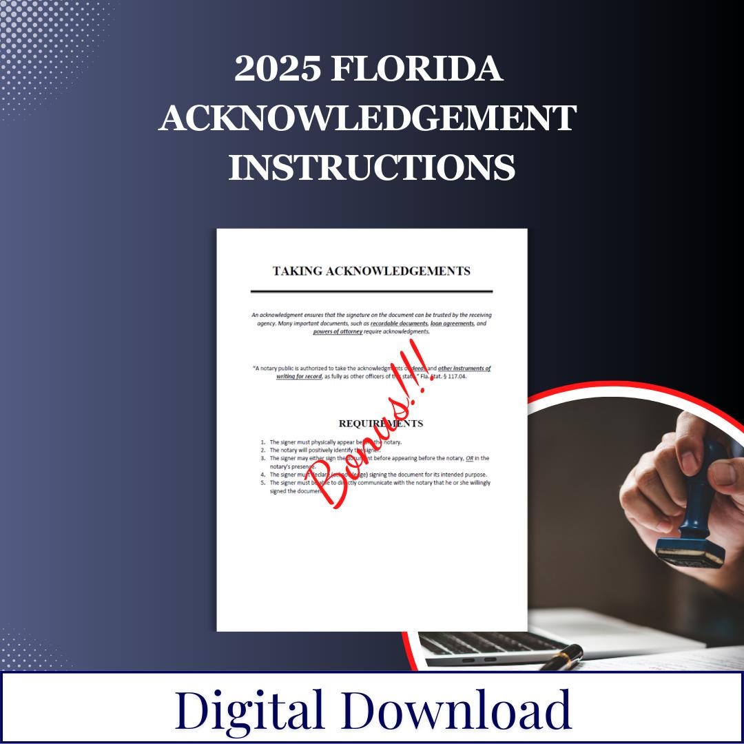 2025 Florida Acknowledgement - Individual Notary Certificates, Notary ...