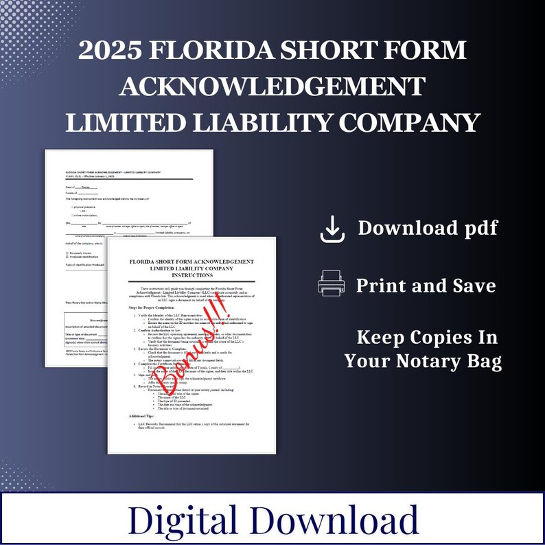 2025 Florida Short Form Acknowledgement - Liminted Liability Company ...
