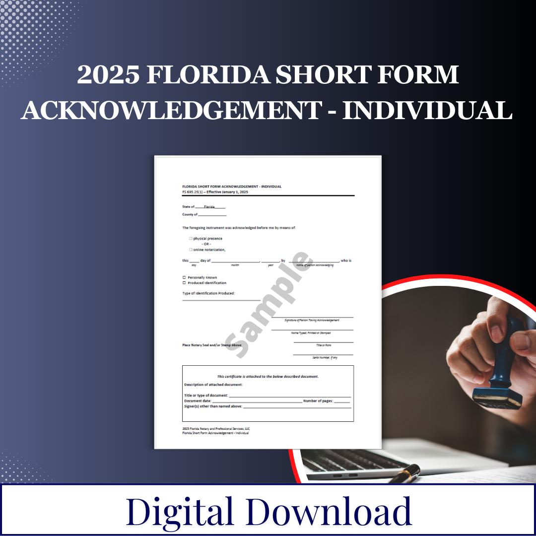 2025 Florida Short Form Acknowledgement - Individual, Notary ...