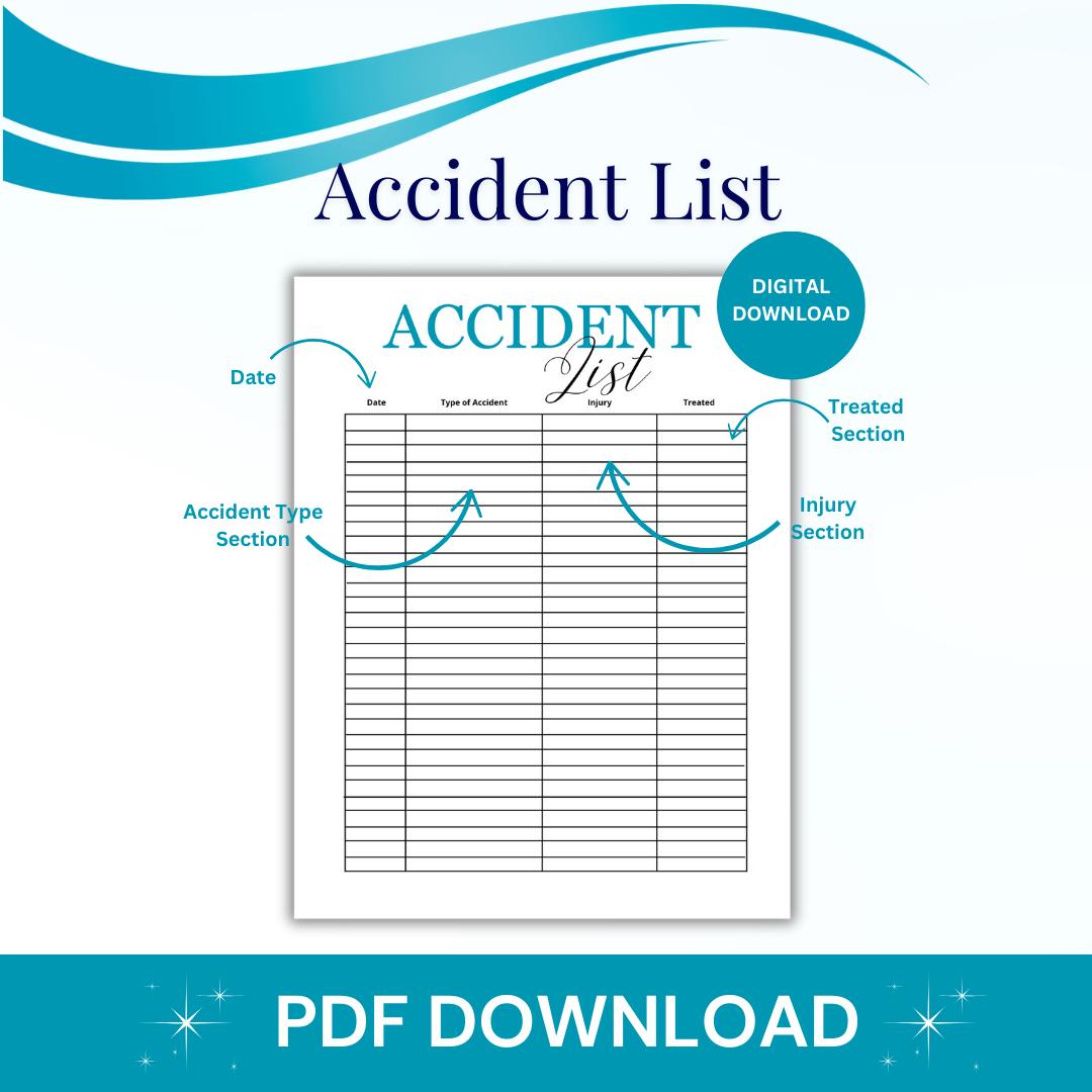 Printable Medical Accident List, Medical Record Forms (digital Download ...