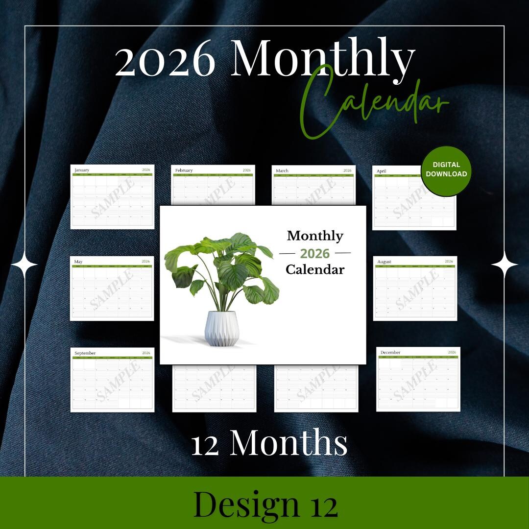 2026 Printable Monthly Calendar, Plant Design, PDF Planner, Instant ...