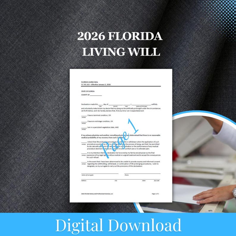 2026 Florida Living Will Template + Notarial Certificate, Advance ...