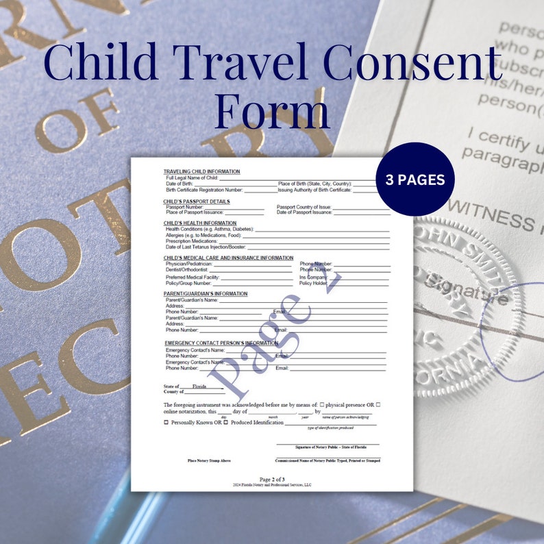 2024 Florida Notary Child Consent Form Bundle, Child Travel Consent ...