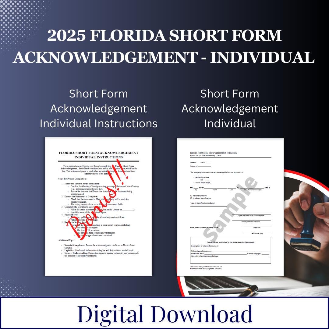 2025 Florida Short Form Acknowledgement - Individual, Notary ...
