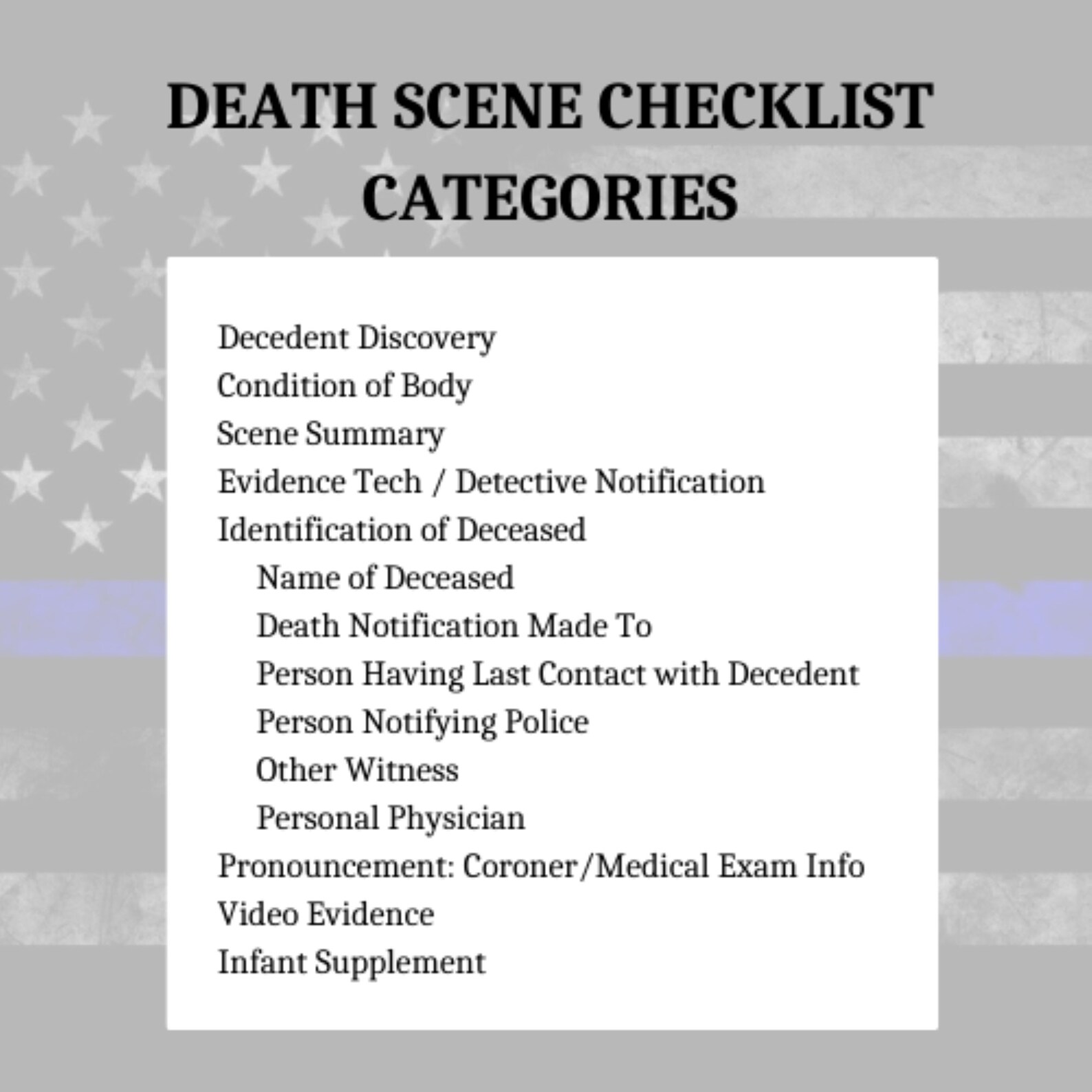 Law Enforcement Death Scene Checklist, Digital Download, Printable ...