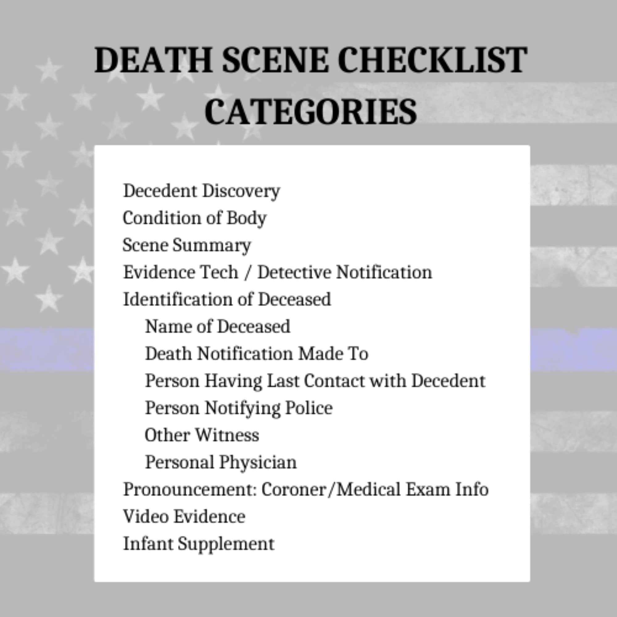 Law Enforcement Death Scene Checklist, Digital Download, Printable ...