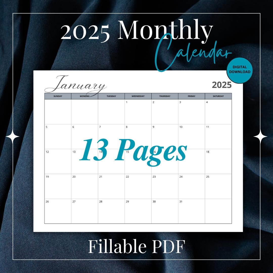 2025 Printable Monthly Calendar Fillable PDF - Minimalist Design ...