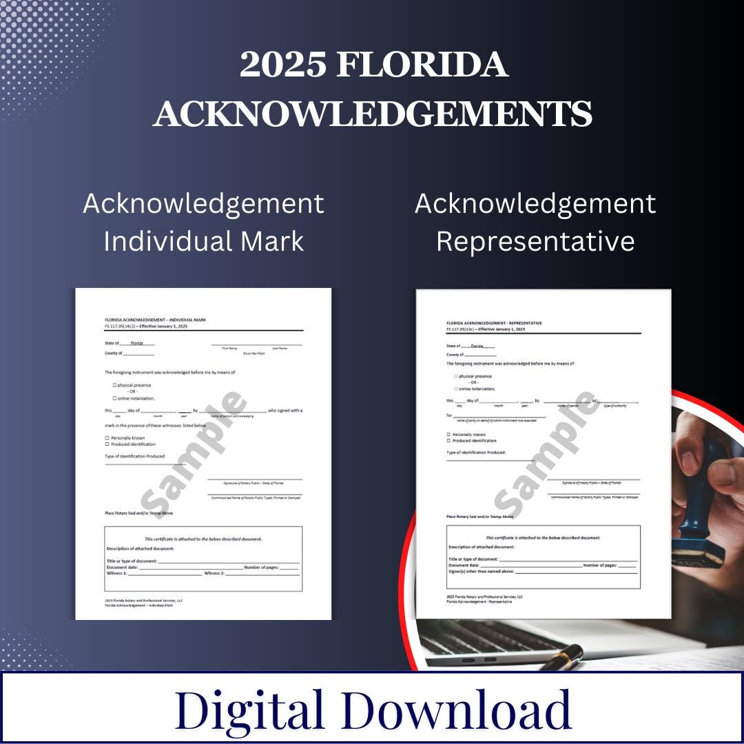 2025 Florida Acknowledgement Notary Bundle - Notary Certificates ...