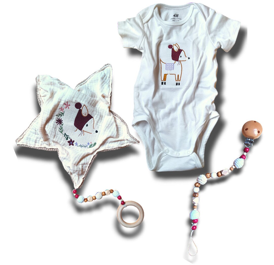 Deer Elena pica Pau Embroidered Baby Bodysuit With Pacifier Chain and ...