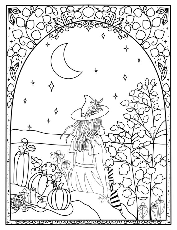 Witch of the Woods Printable Coloring Page Fall Autumn - Etsy