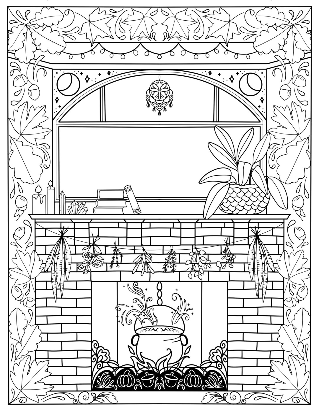 Autumn Evening - Printable Coloring Page - Fall and Witchy - Etsy
