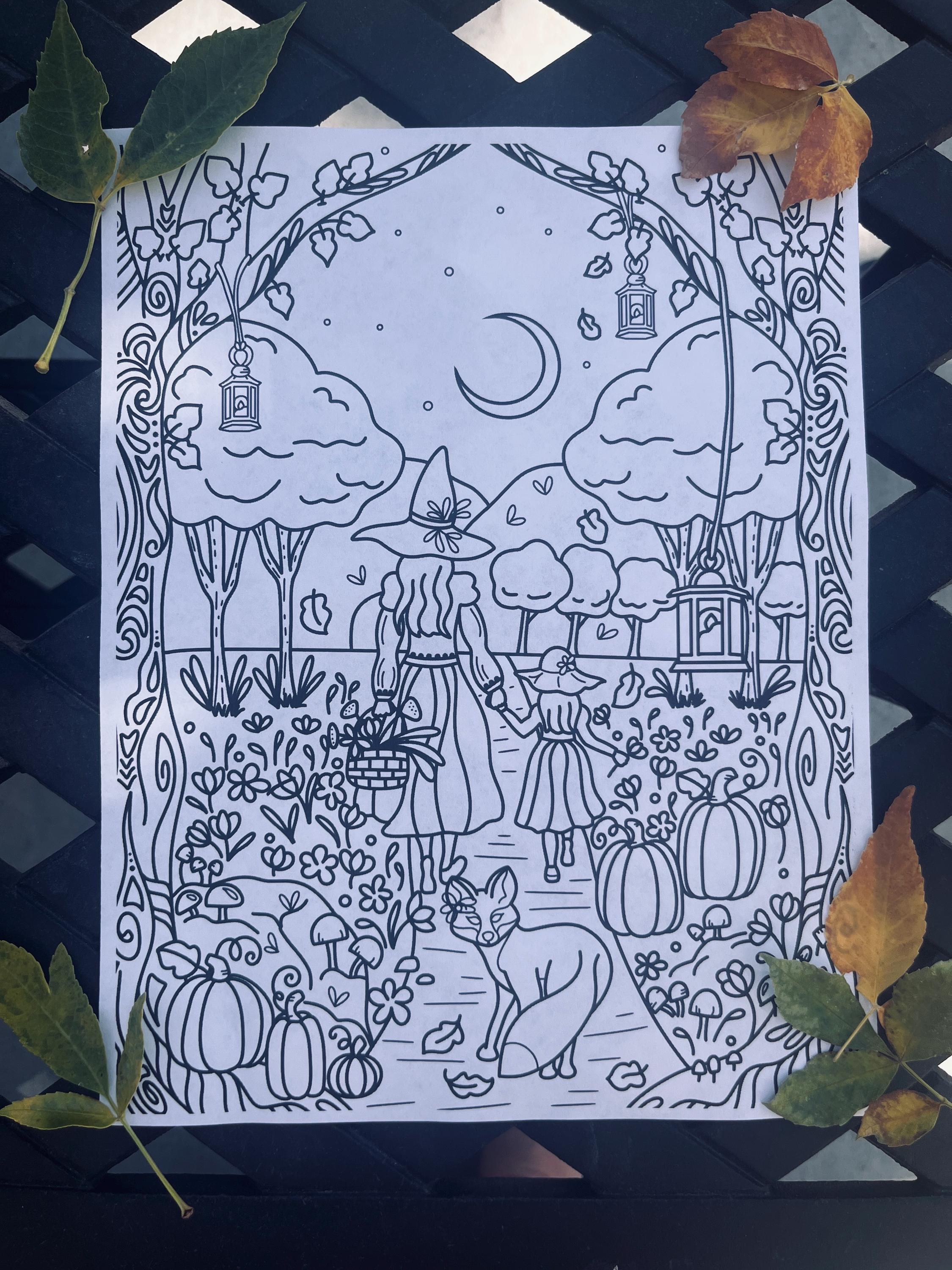 An Autumn Walk - Printable Coloring Page - Fall Autumn Witchy - Etsy
