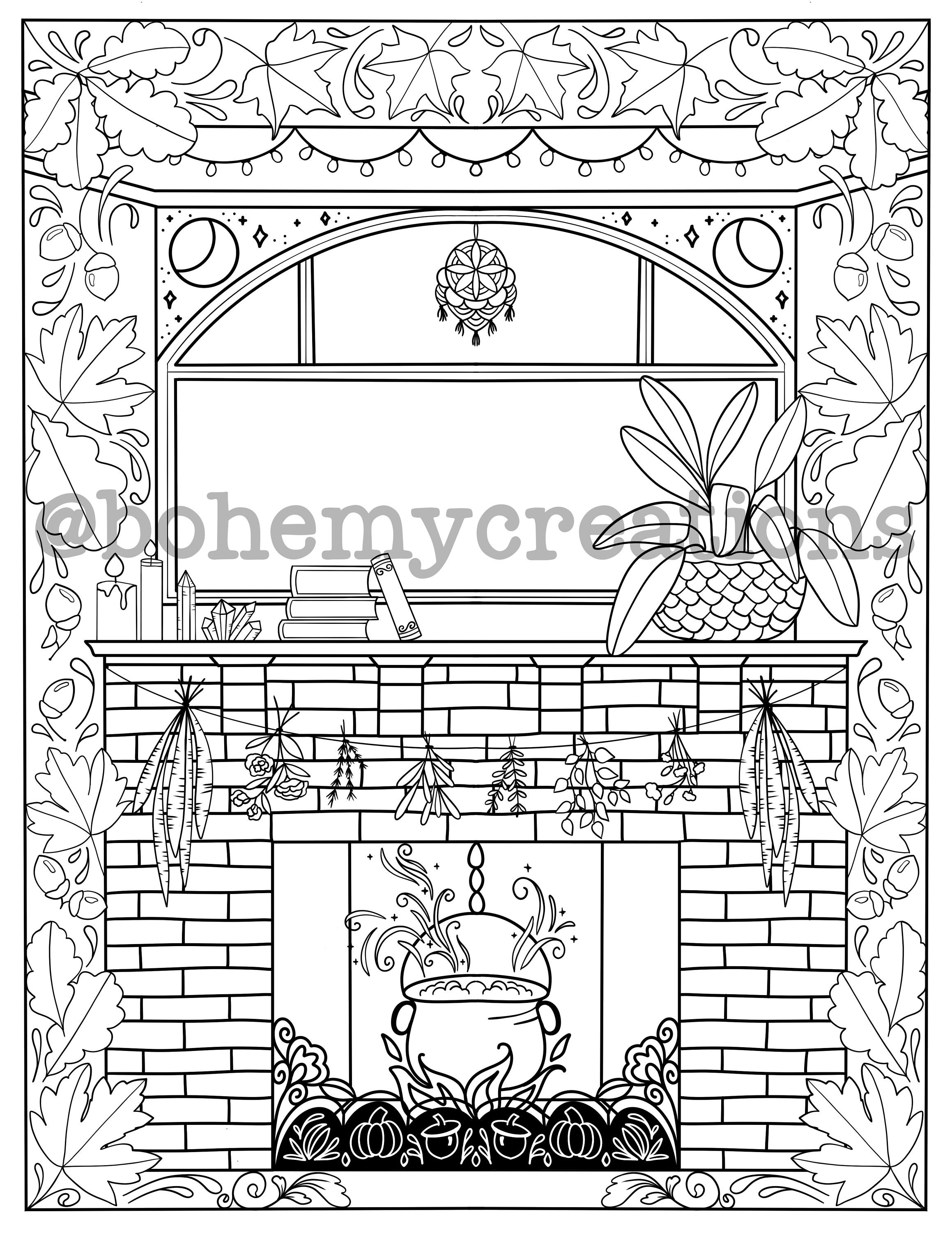 Autumn Evening - Printable Coloring Page - Fall and Witchy - Etsy