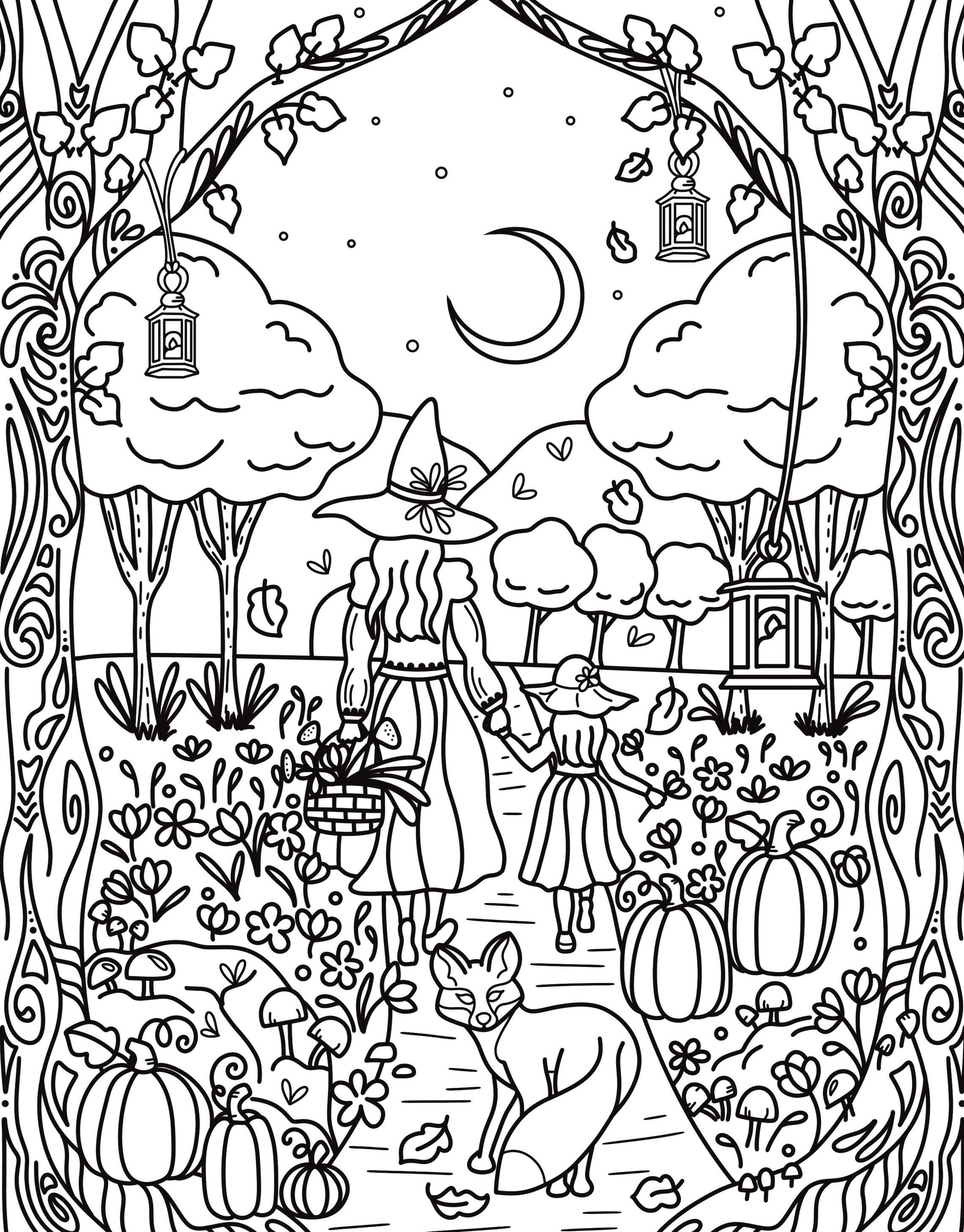 An Autumn Walk - Printable Coloring Page - Fall Autumn Witchy - Etsy