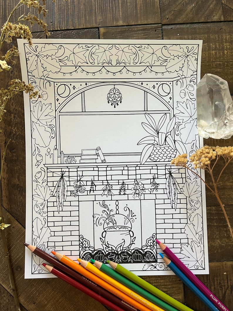 Autumn Evening Printable Coloring Page Fall and Witchy - Etsy