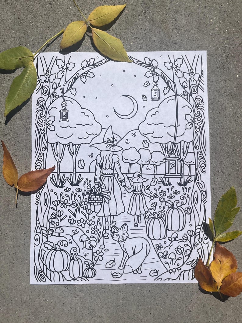 An Autumn Walk - Printable Coloring Page - Fall Autumn Witchy - Etsy