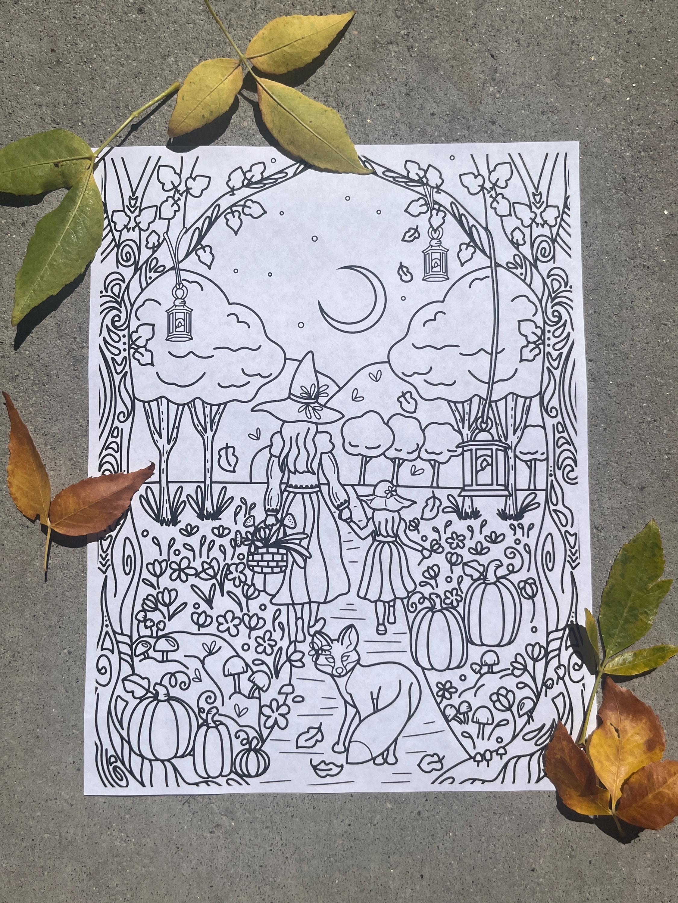 An Autumn Walk - Printable Coloring Page - Fall Autumn Witchy - Etsy