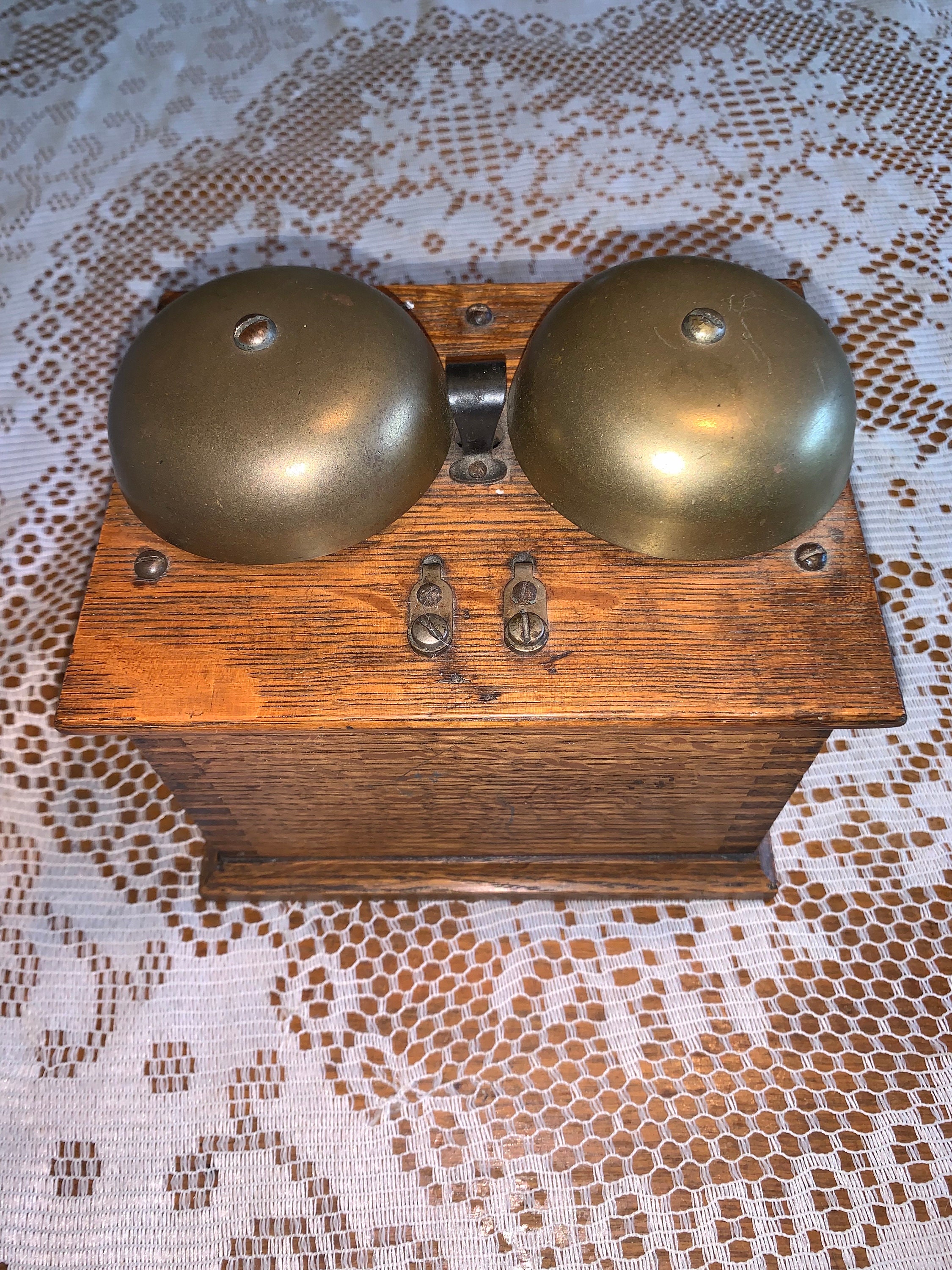 Antique 1920s High Quality Wooden Oak Double Bell Telegraph Train Bell ...
