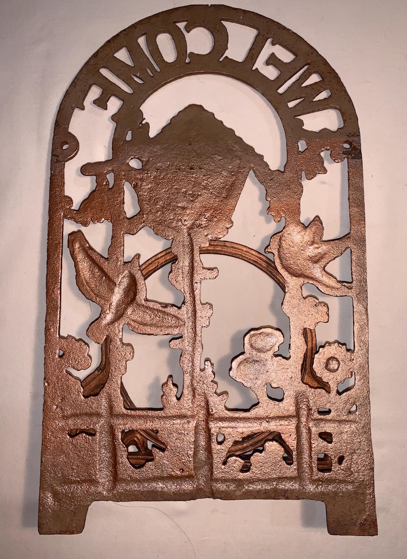 Vintage 1940s Cast Iron Welcome Sign-birds, Flowers-landscape-plant ...