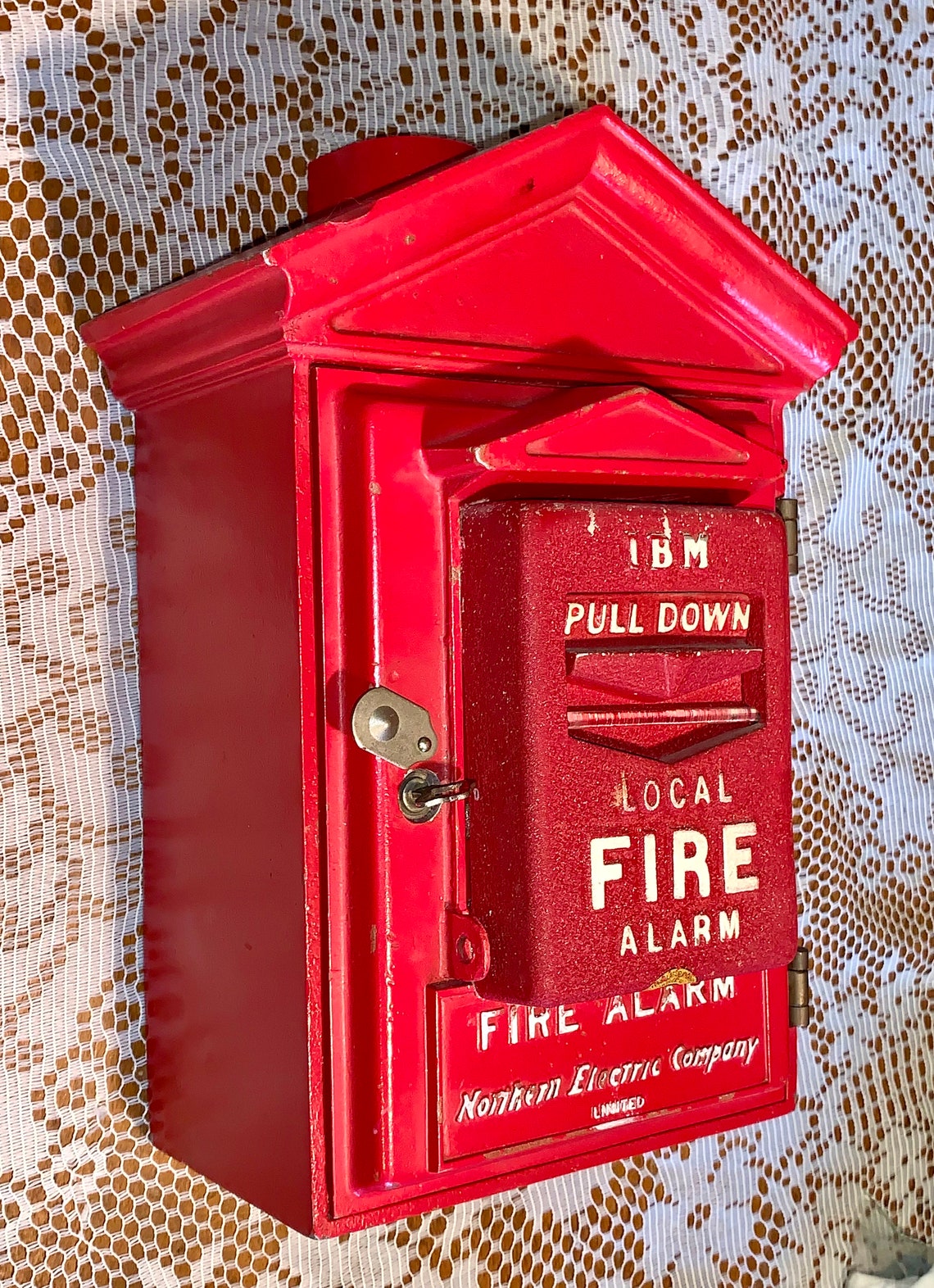 Vintage Northern Electric Red Metal Pull Down Fire Alarm Box With KEY ...