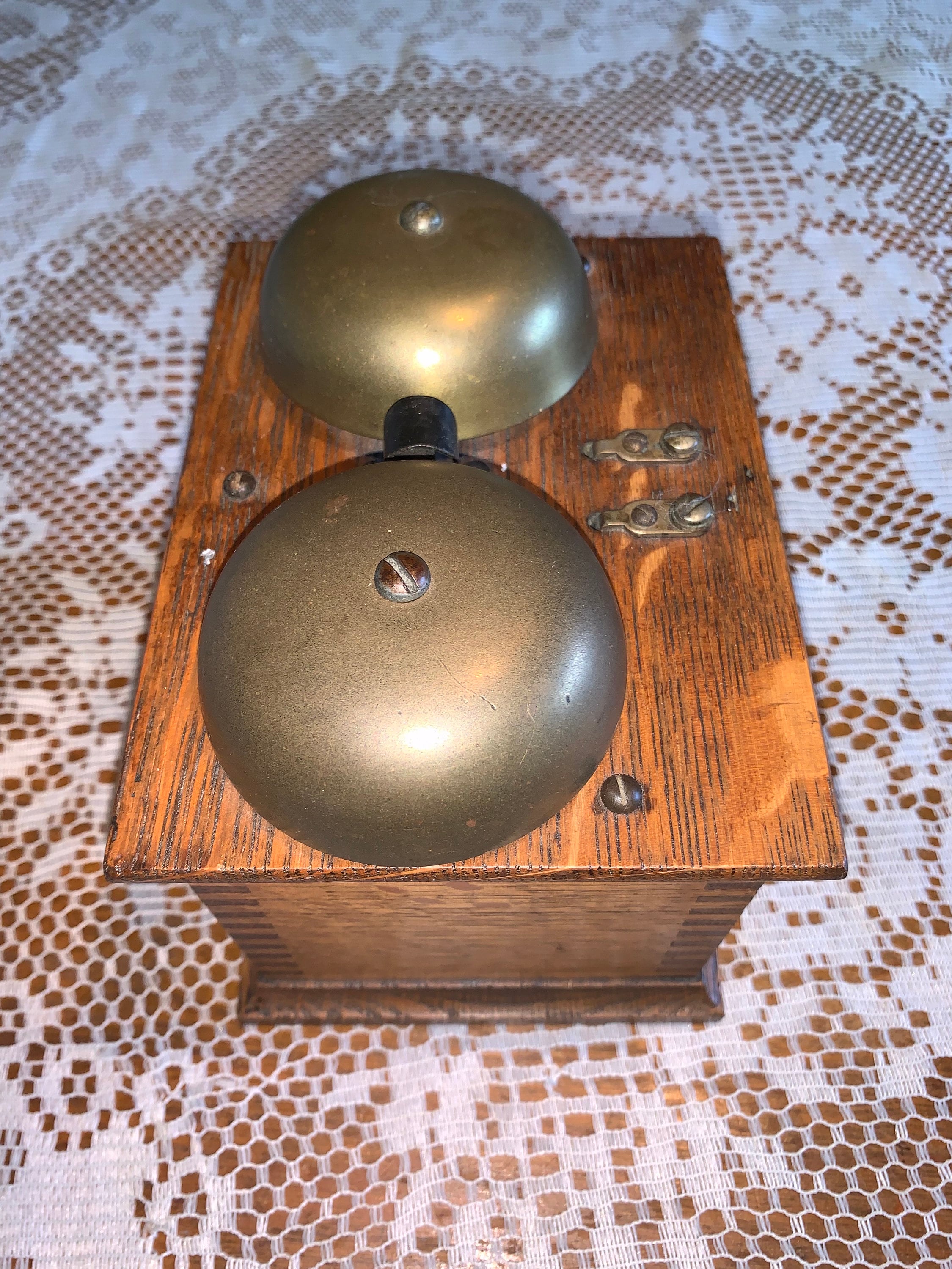 Antique 1920s High Quality Wooden Oak Double Bell Telegraph Train Bell ...