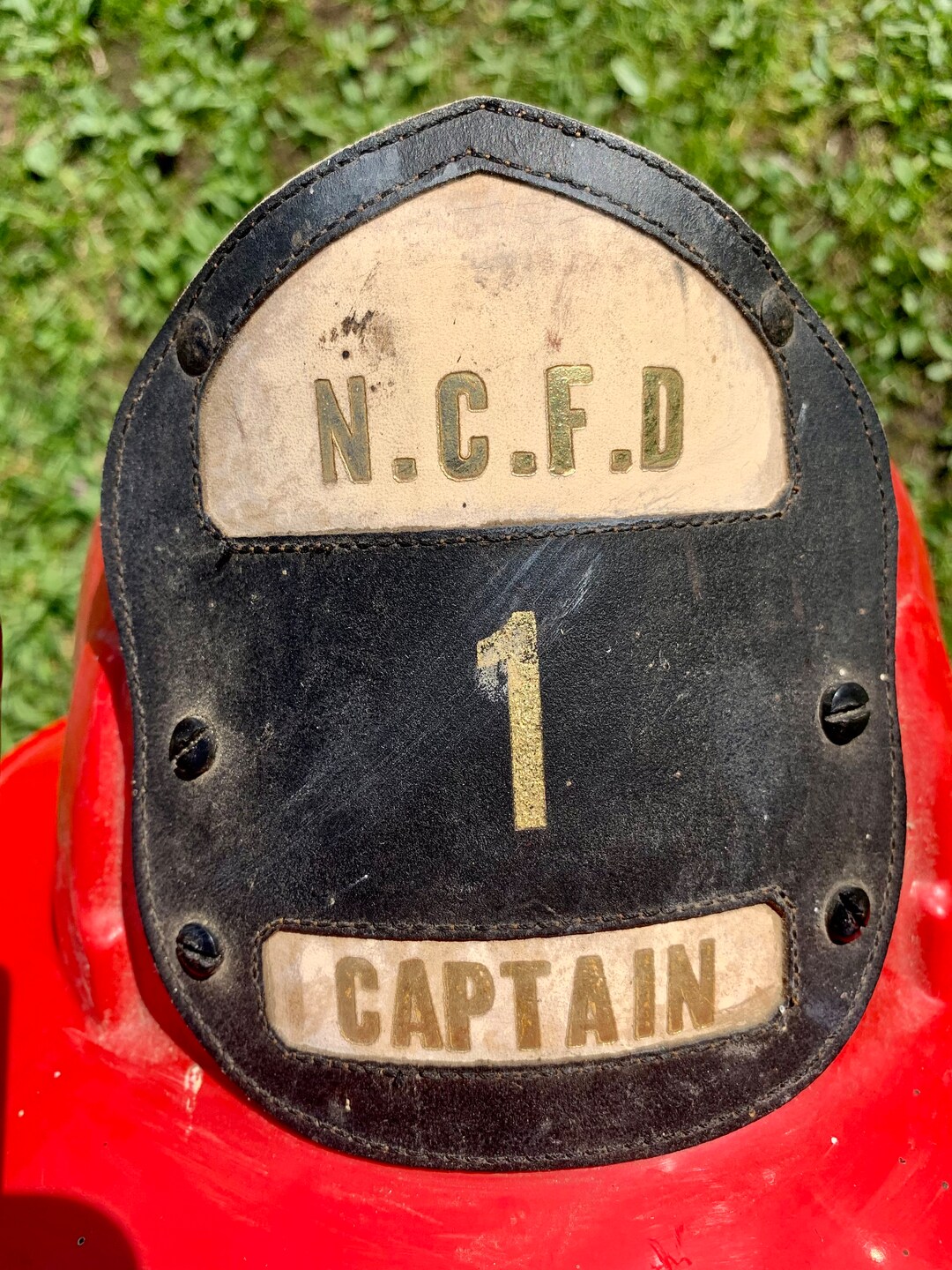 1969 Vintage Brilliant Red “CAPTAIN” & “1” (N.C.F.D.) Leather Badge ...