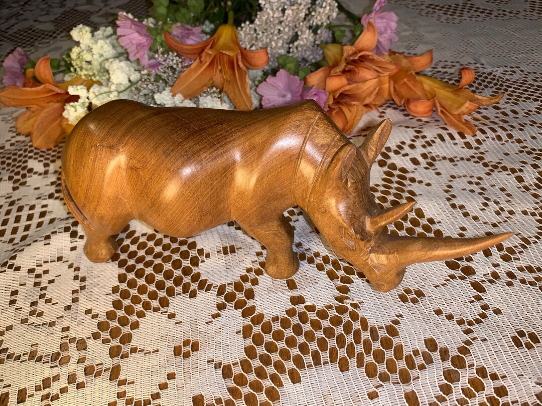 Vintage 1980s Wooden Carved Beautiful RHINOCEROS Ten 10 Inch Long RHINO ...