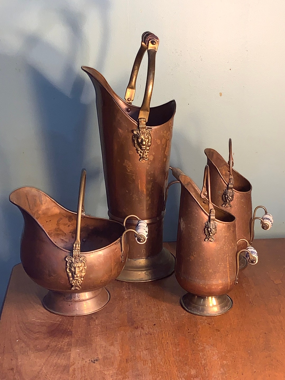 SET of Four-amazing-vintage 1970s Copper/brass Lion Head Delft Ceramic ...