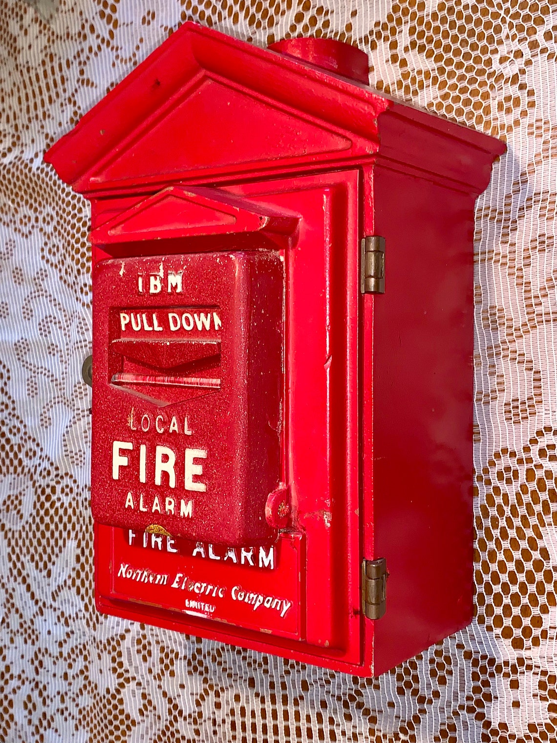 Vintage Northern Electric Red Metal Pull Down Fire Alarm Box With KEY ...