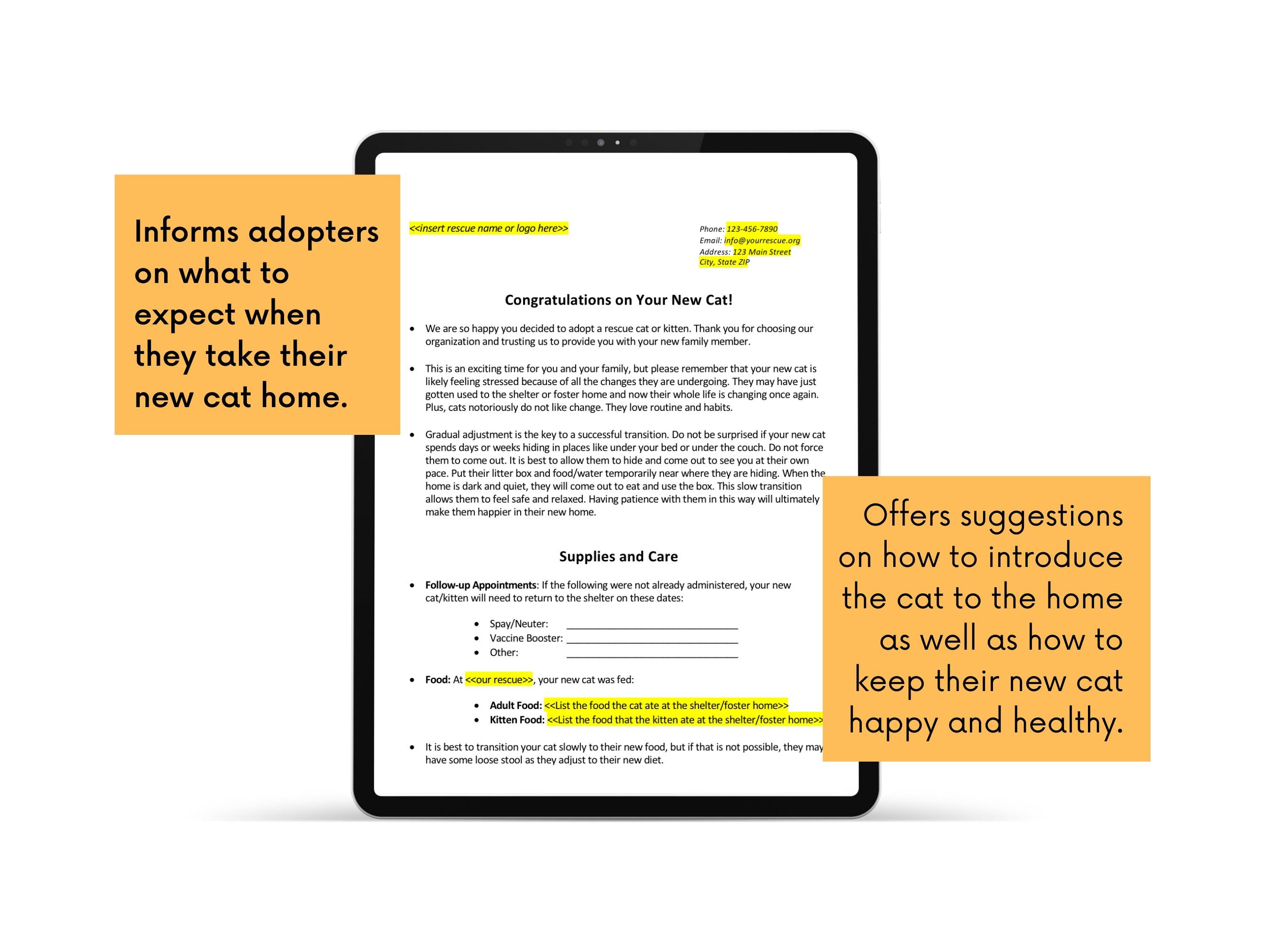 Cat Adoption Informational Handout for Shelters, Rescues, and ...