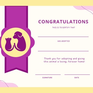 Pet Adoption Certificate, Cat, Dog, Kitten, Puppy Adoption Certificate ...